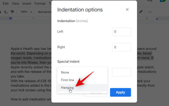 How to indent the second line in Google Docs